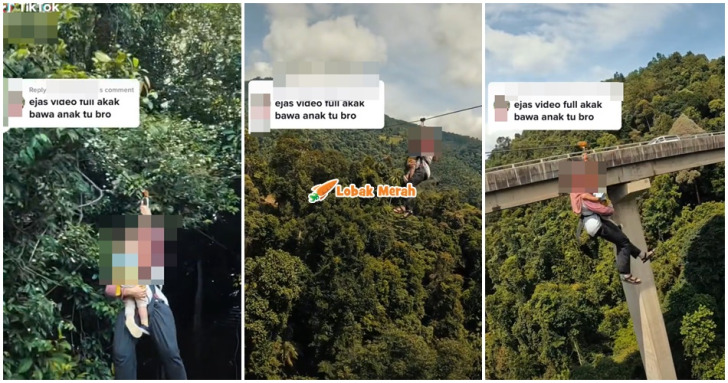 "Safety kelaut" - Netizen Gerun Tengok Wanita Dukung Anak Masa Buat Flying Fox - Lobak Merah