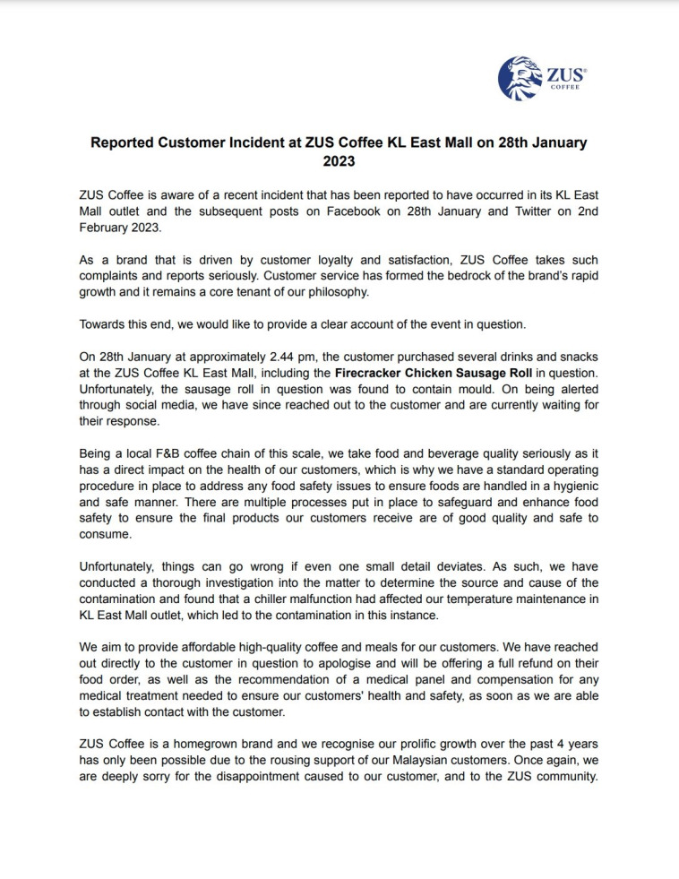 Tular Pelanggan Dapat 'Pastry' Berkulat, Zus Coffee Buat Permohonan ...